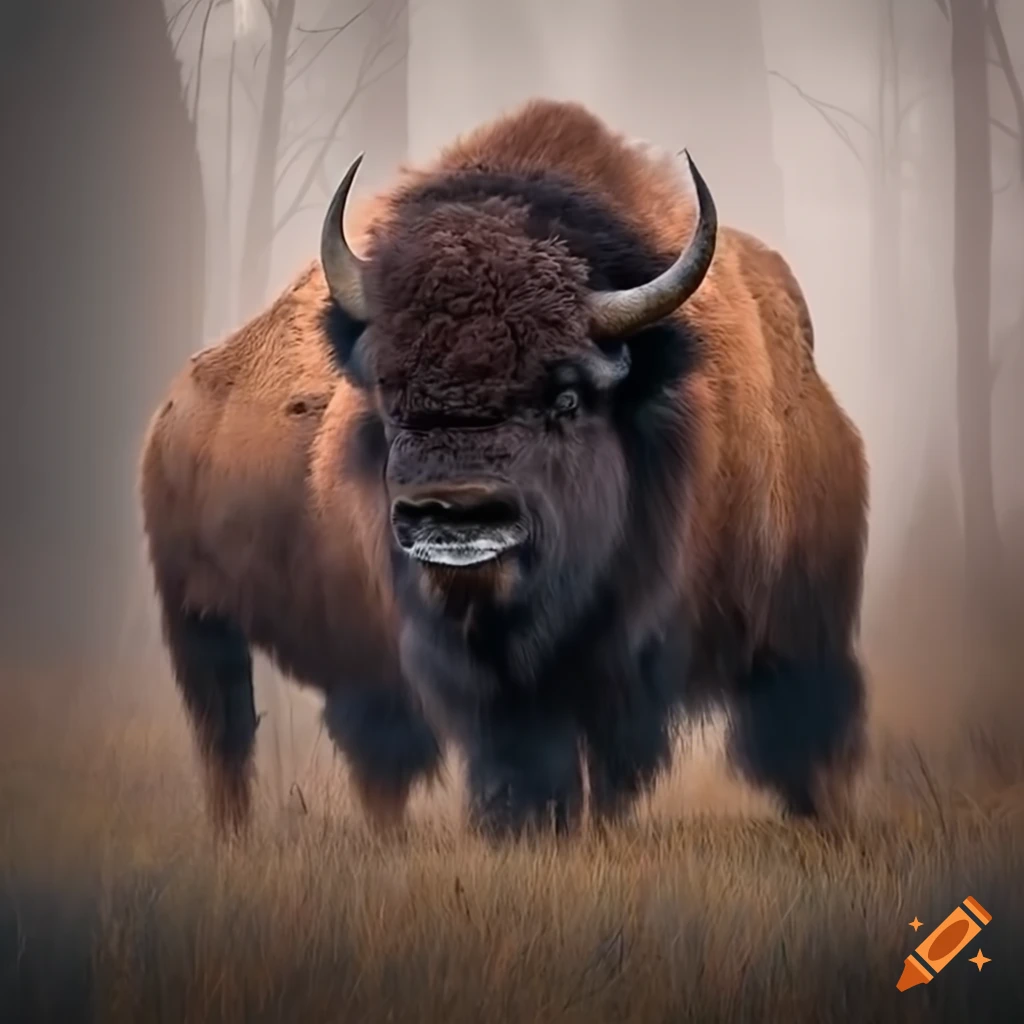 Bison in winter woods with fog on Craiyon