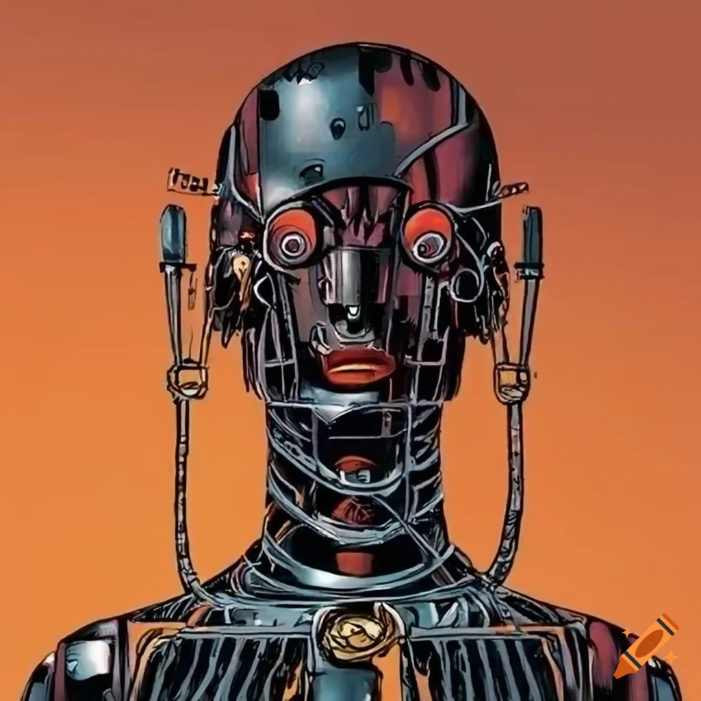 Noir graphic novel illustration of a 70s sci-fi bionic machine in ...
