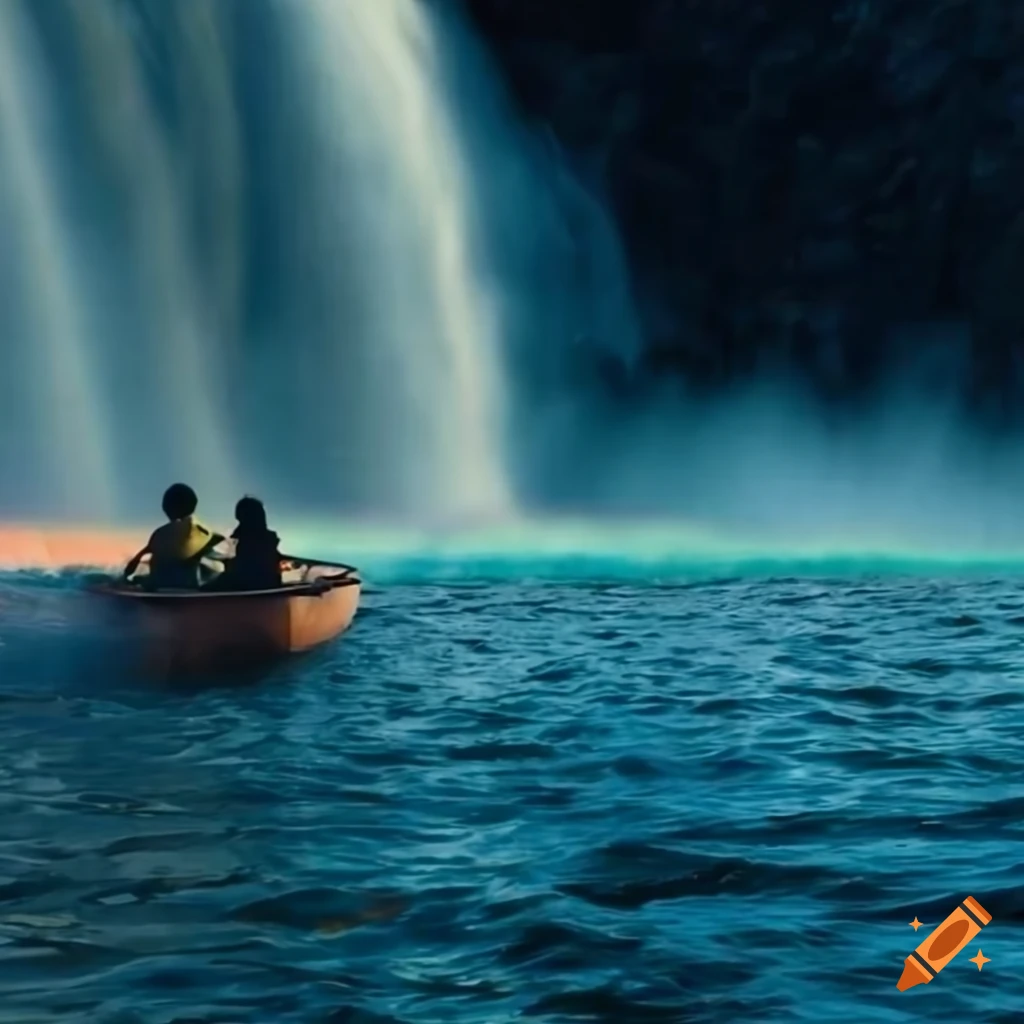 Canoe with crew approaching a rainbow waterfall on Craiyon
