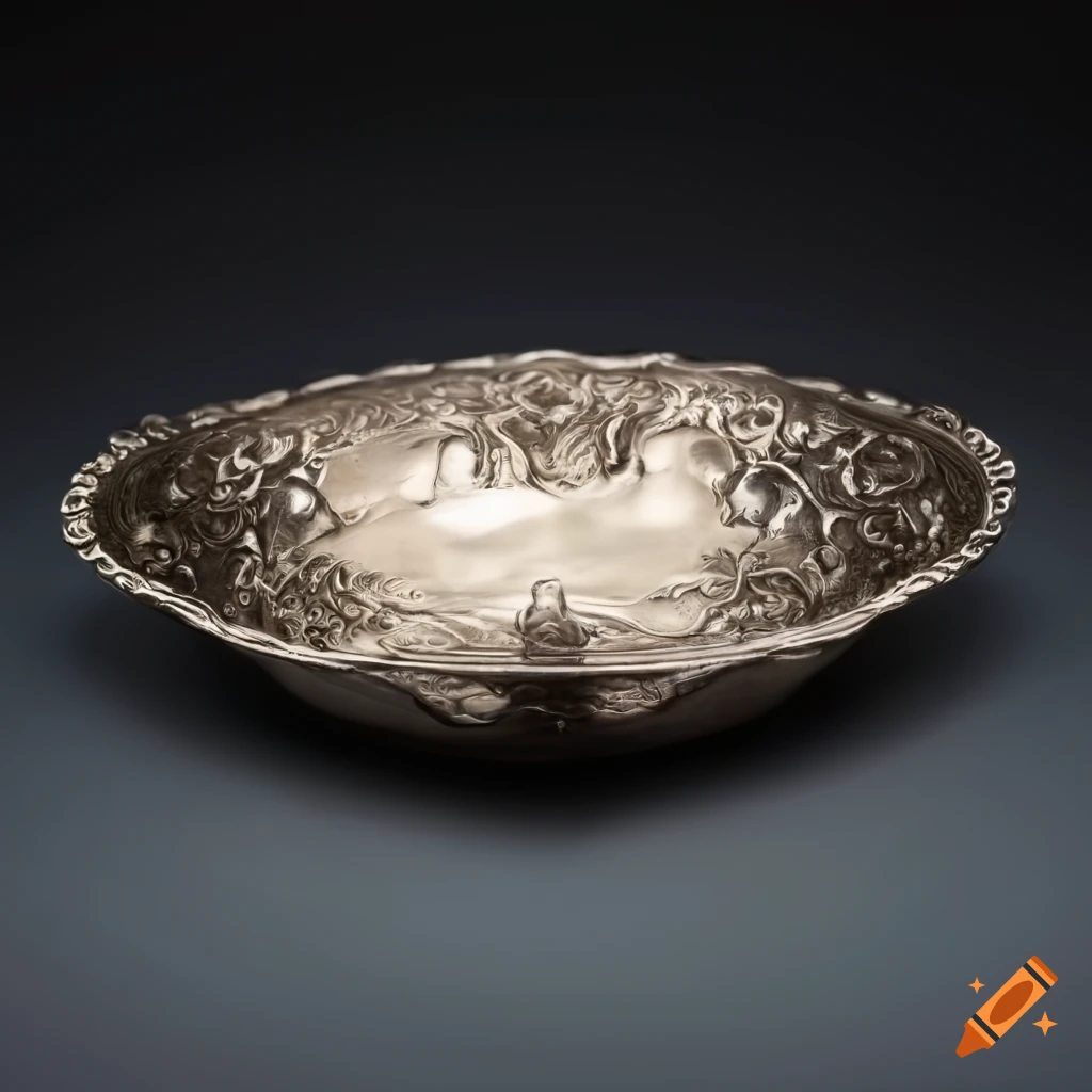 Historical aged and detailed silver artifact, featuring a wide silver ...