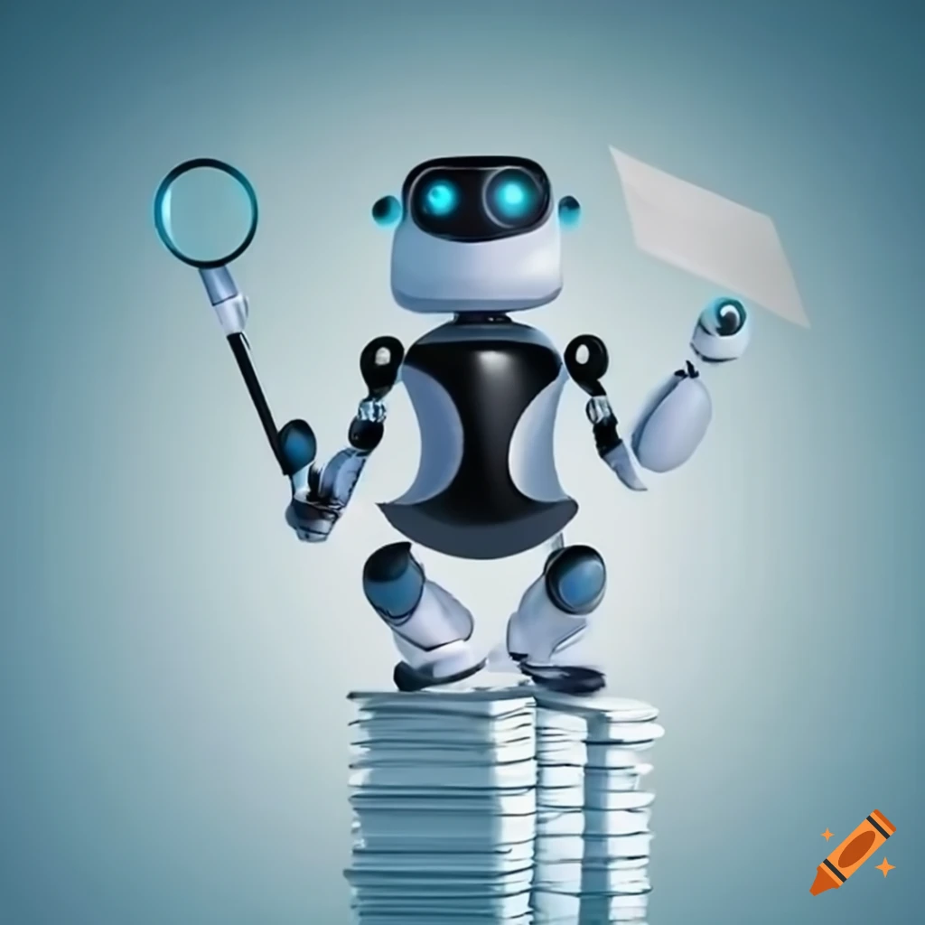 Cute robot searching document in pile with magnifying glass on Craiyon