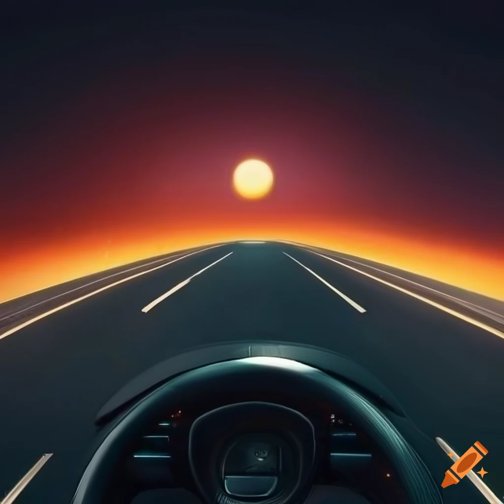 View of highway to alpha centauri from car's steering wheel on Craiyon