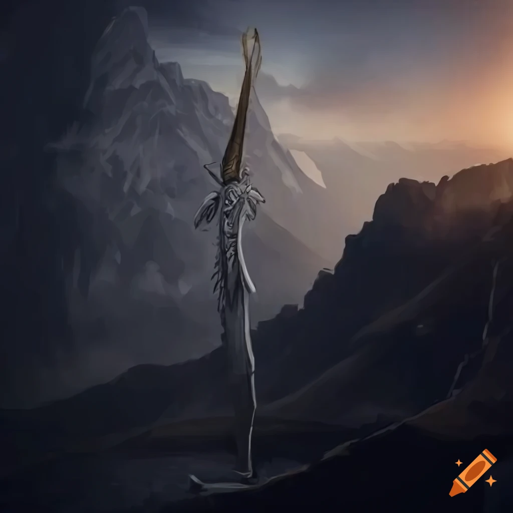 Sword embedded in a mountain on Craiyon