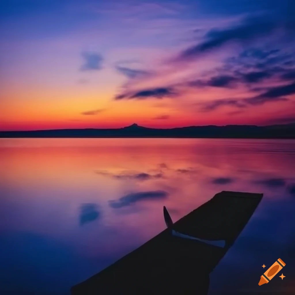 Sun setting over a beautiful lake with a dock in the foreground on Craiyon
