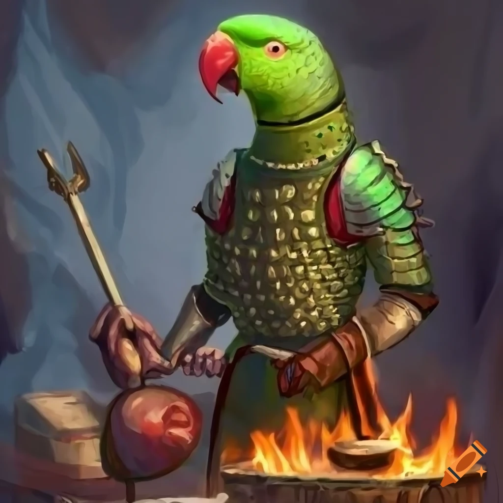 Anthropomorphic alexandrine parrot in studded armor cooking meat at ...