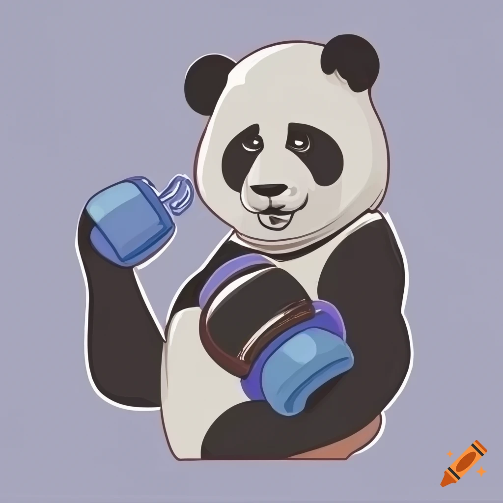 Blue illustration of a bodybuilder panda with coffee and dumbbell on ...