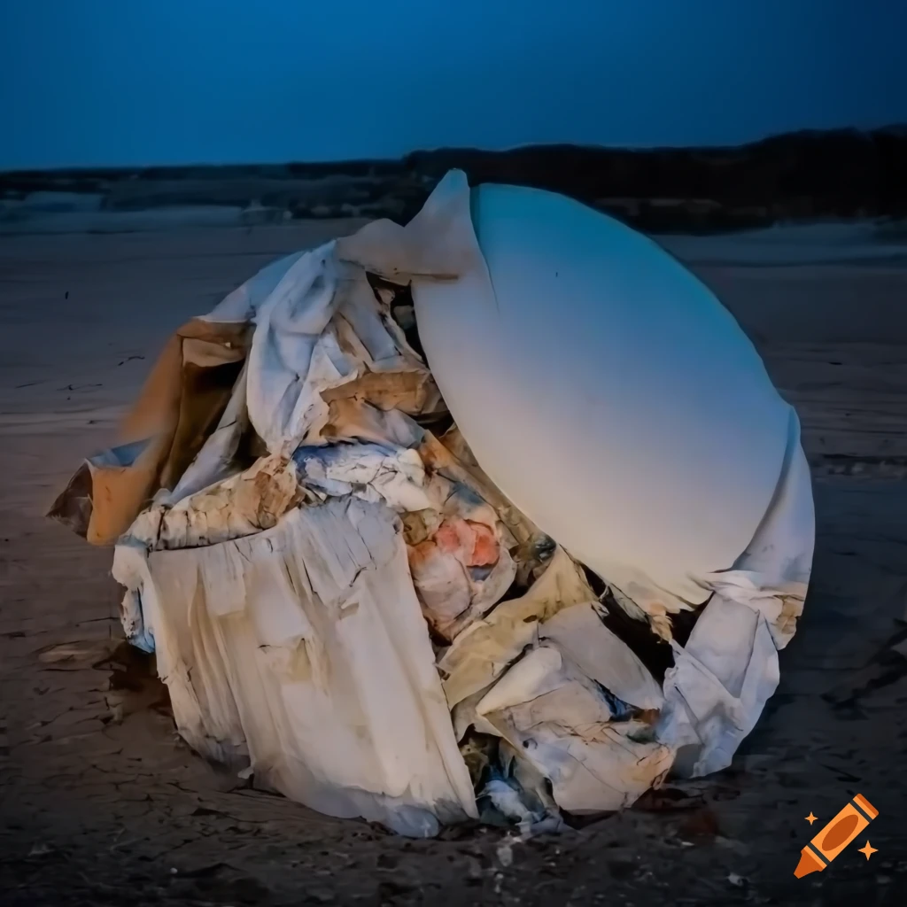 Pile of junk and rotten garbage covered with a white drapery in a ...