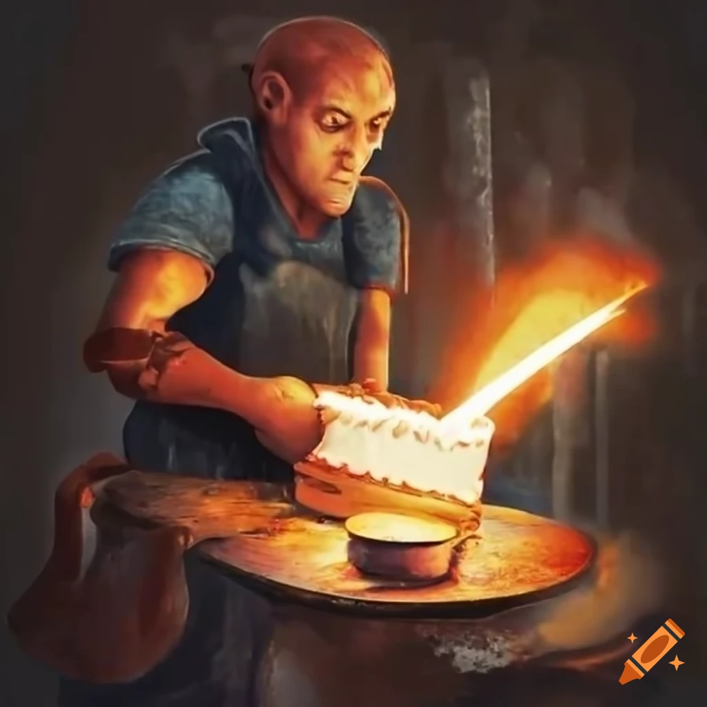 Happy blacksmith forging a birthday cake in a forge on Craiyon