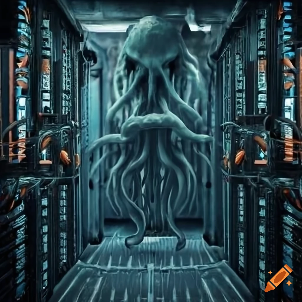 White server room with cables and wires, hidden face of Cthulhu on Craiyon