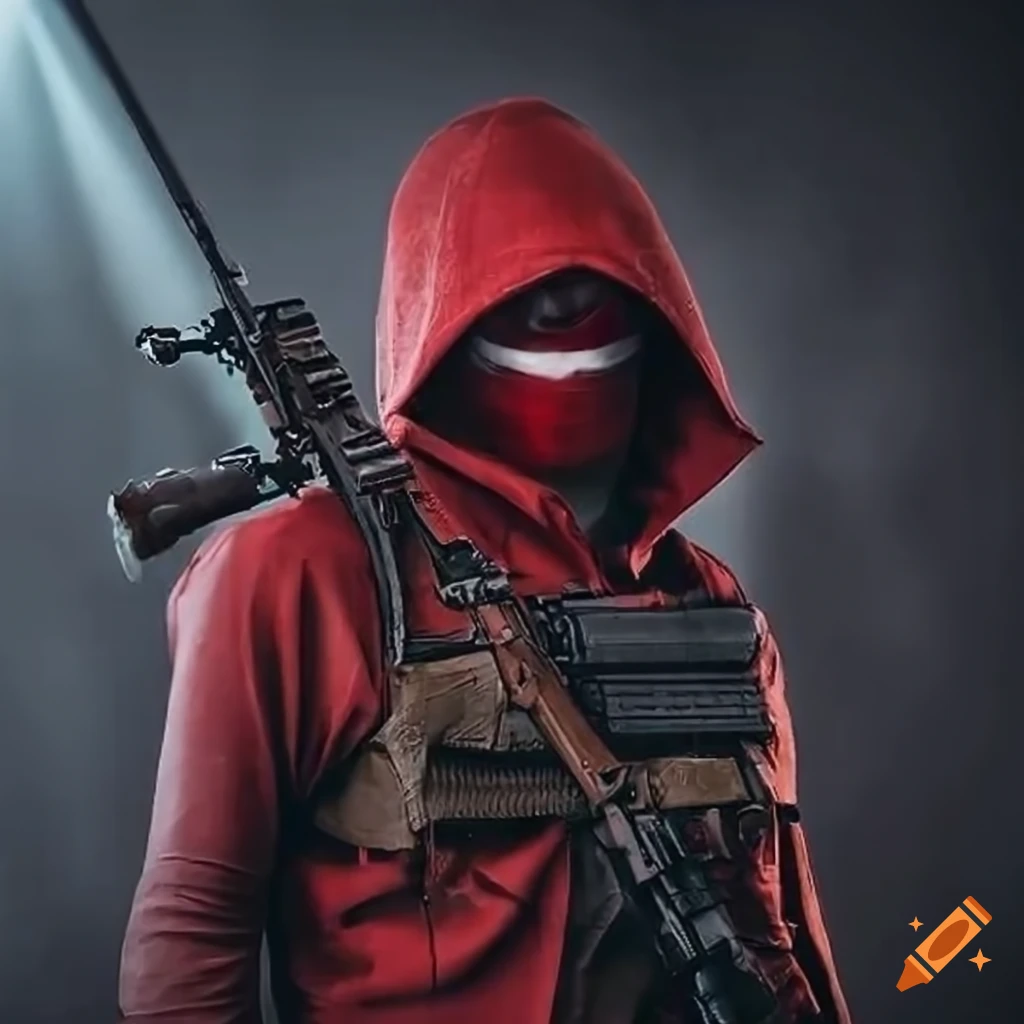 Survivor in red hood with rifle in a post-apocalyptic cityscape on Craiyon