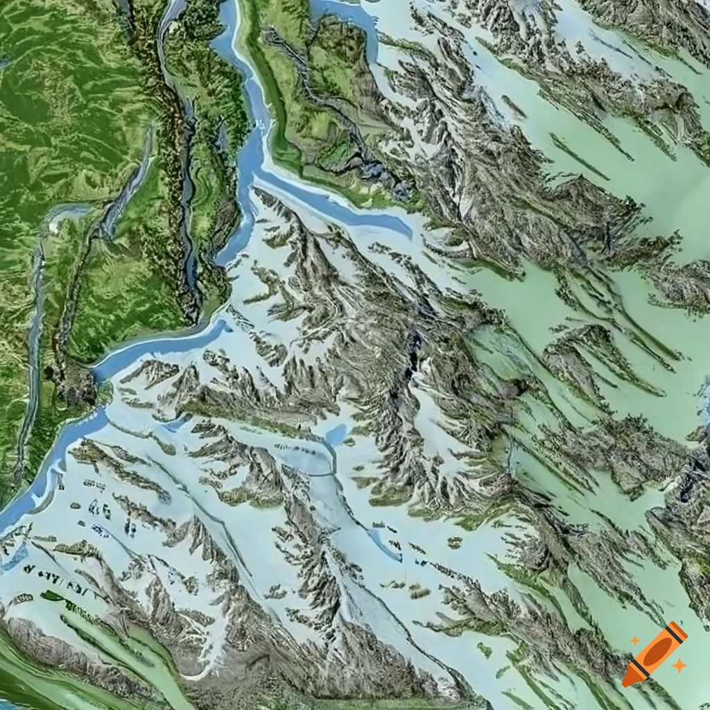 Topographical map of snowy mountain range with crystal-clear rivers on ...