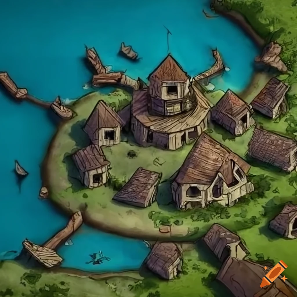 Dnd island map with towns and landmarks labeled on Craiyon