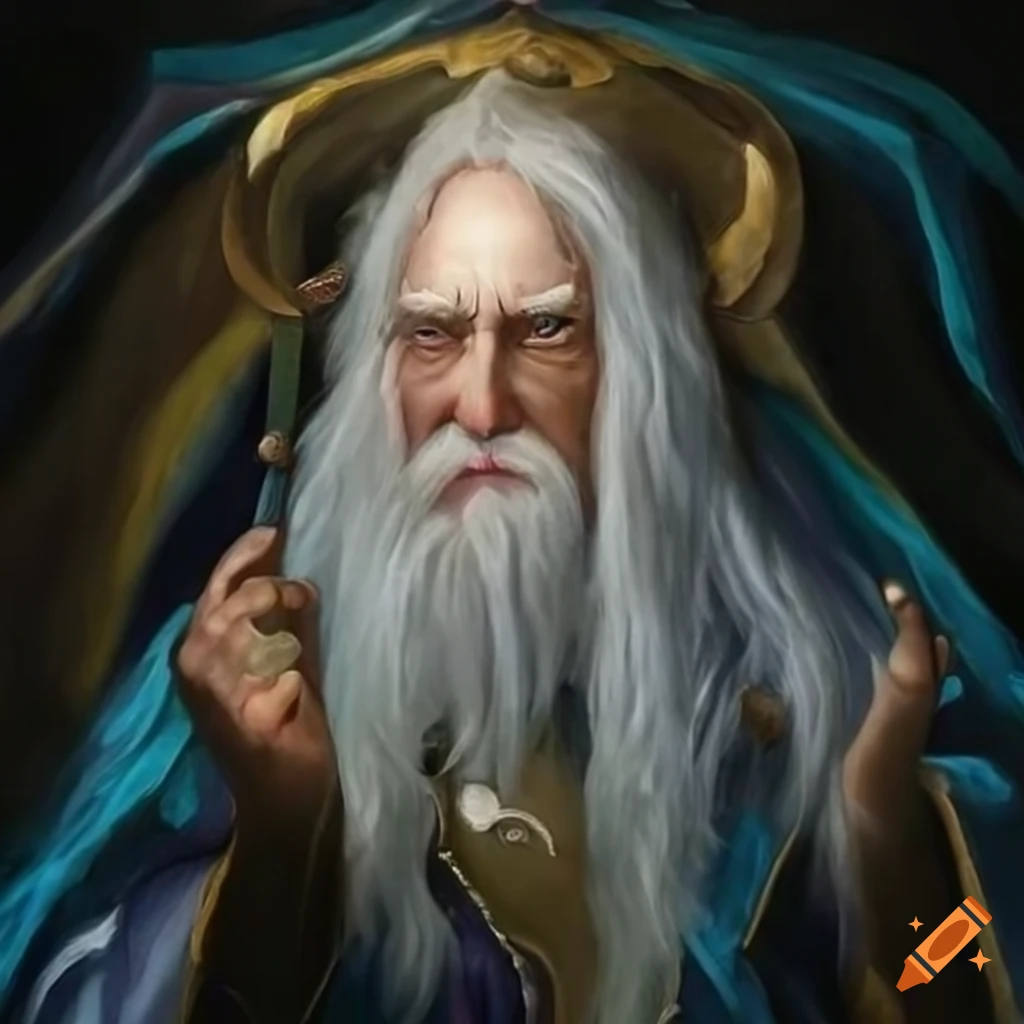 Ancient wizard in detailed robes with gems and symbols on Craiyon