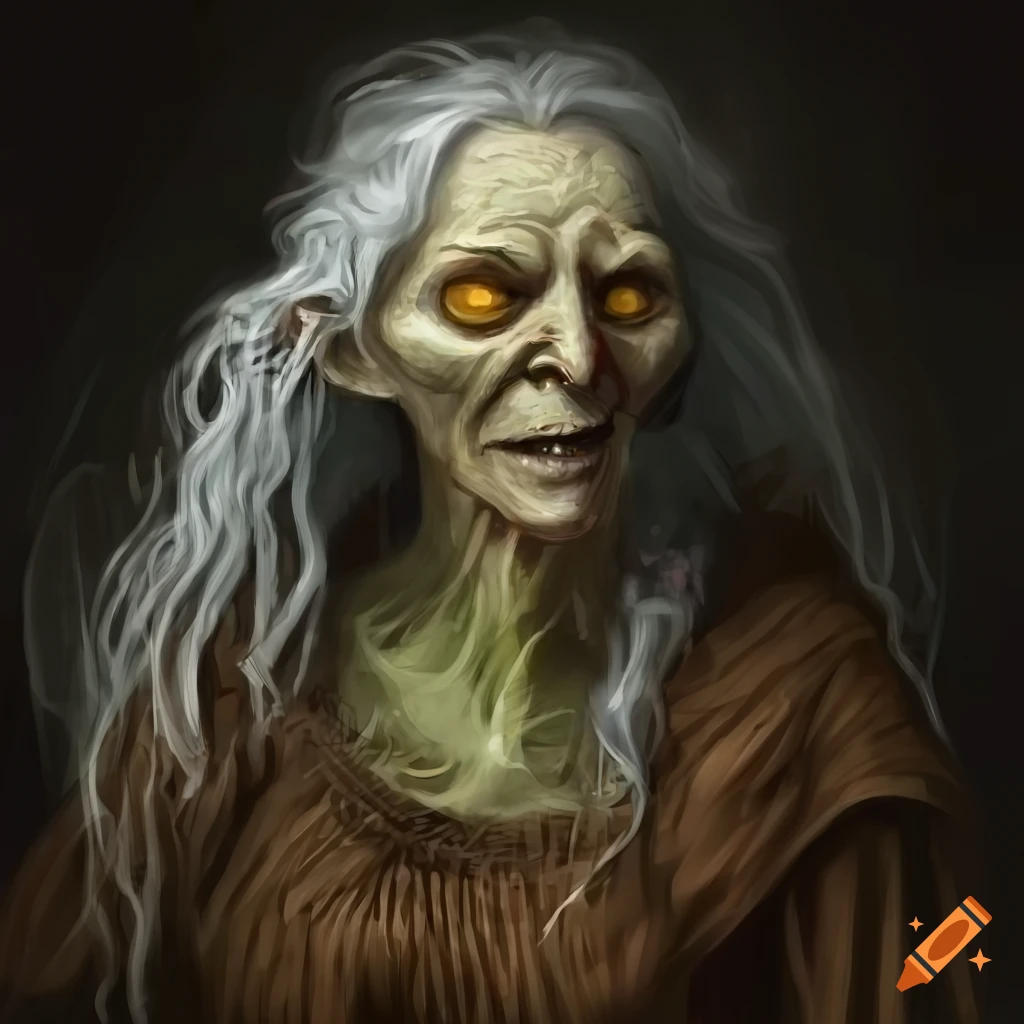 Kindly old swamp hag with a crooked smile in a dark eerie setting on ...