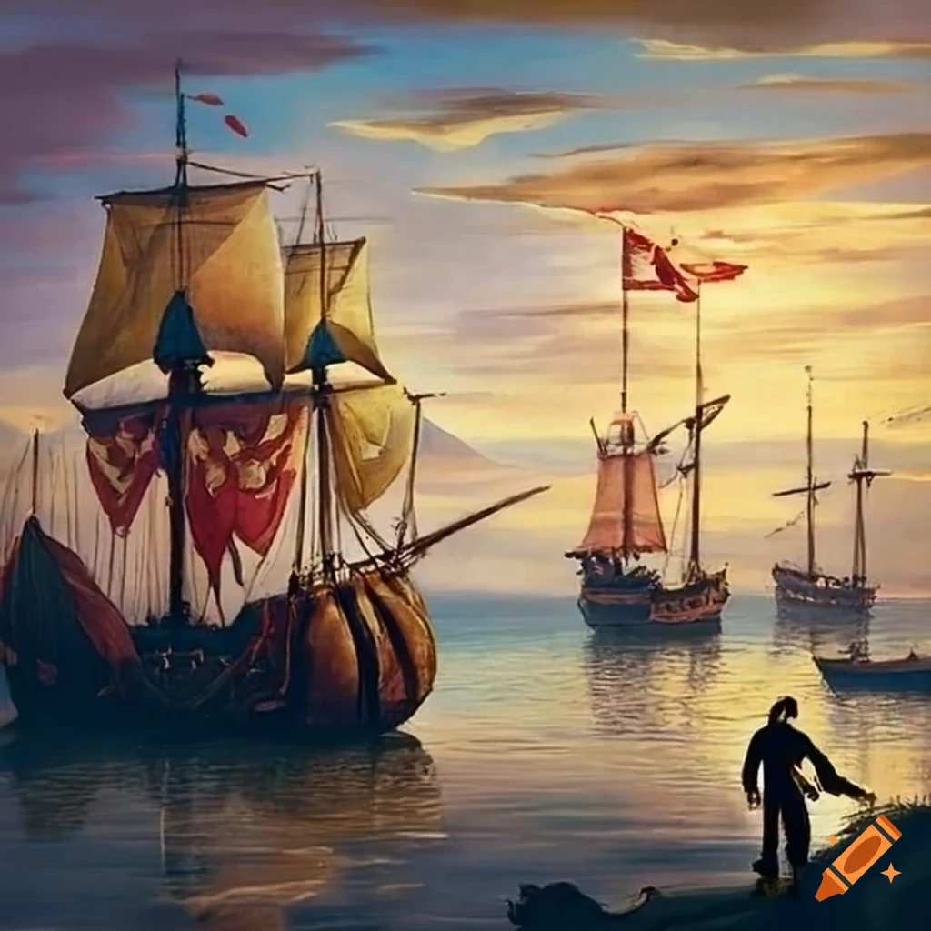 Christopher columbus setting sail from palos de moguer in a historical ...