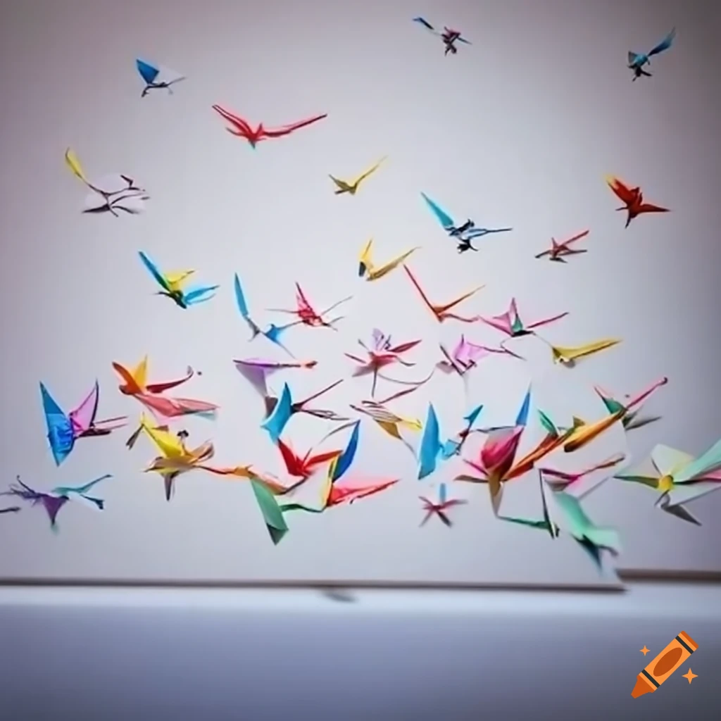 Impressive display of origami paper cranes on a panel on Craiyon