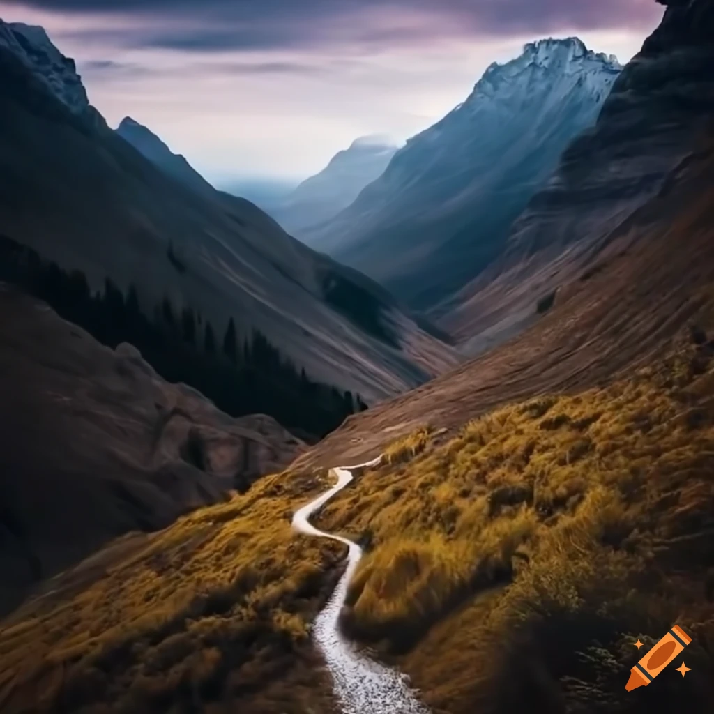 Winding path through beautiful landscape towards foreboding mountain in ...