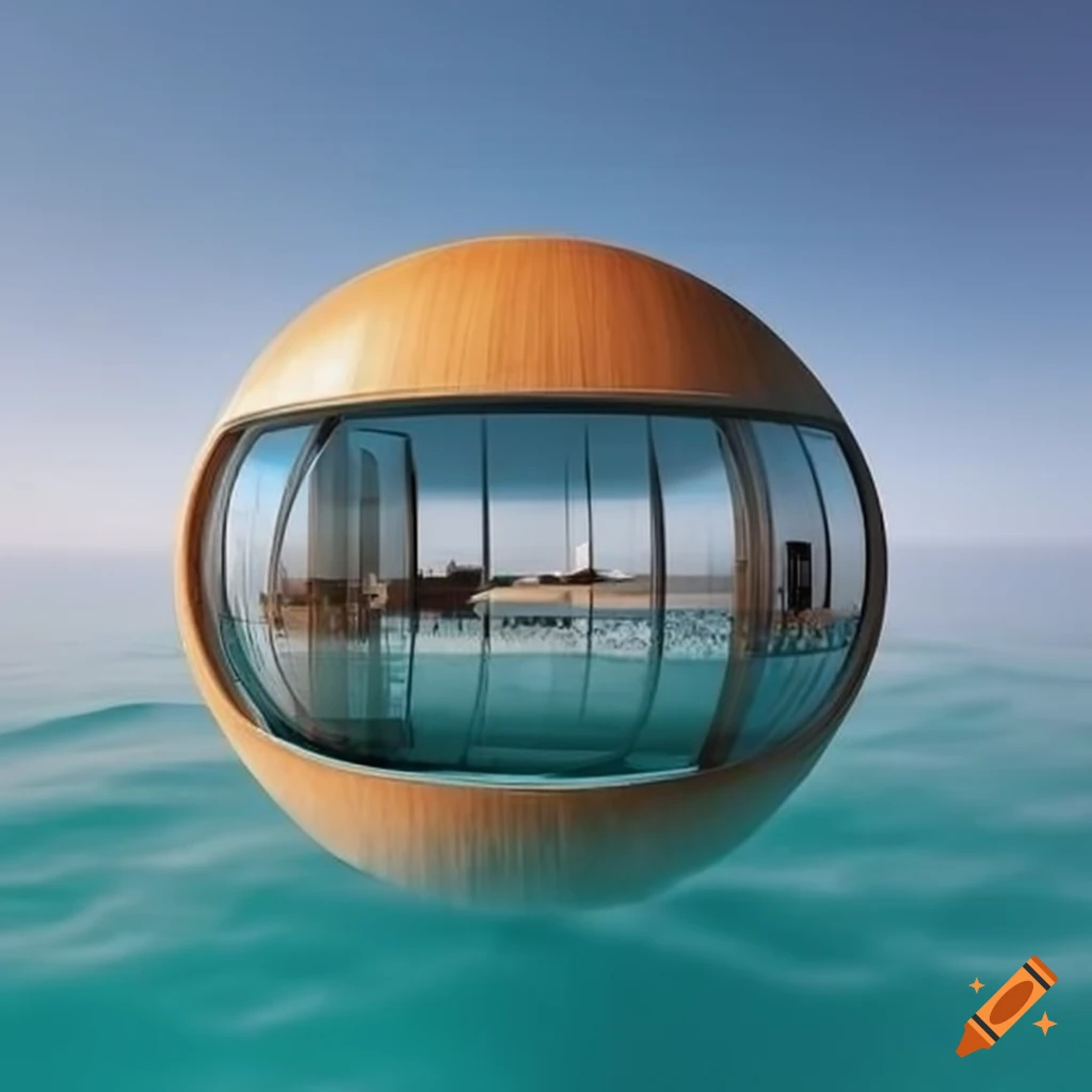 Modern sphere-shaped pod homes floating in a sea of caprisun on Craiyon