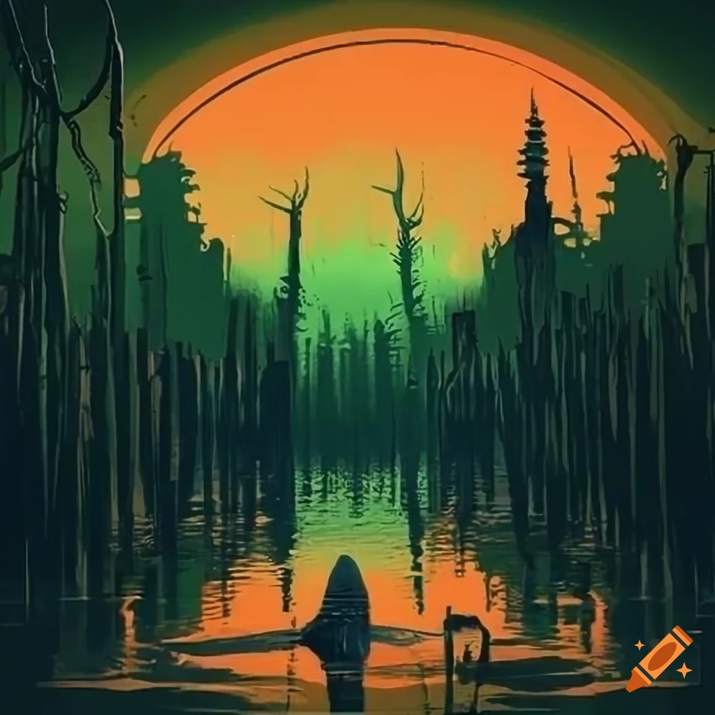 Horror swamp in retro sci-fi art style on Craiyon