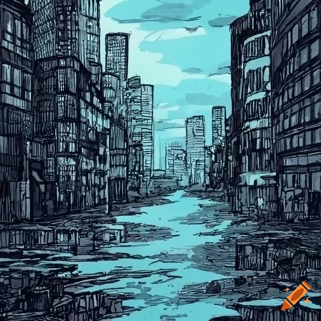Cityscape during a dramatic storm with flooded streets in ink drawing ...