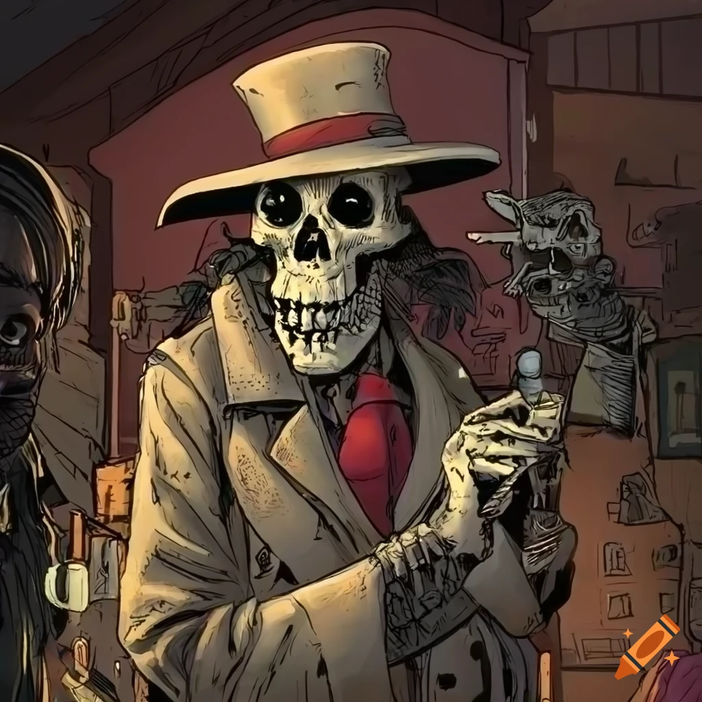 Skeleton detective with a long beard and cigar in apocalyptic comic ...