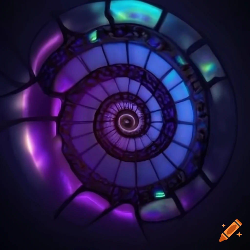 Shimmering hyperbolic sculpture in alien ruins with iridescent blue and ...