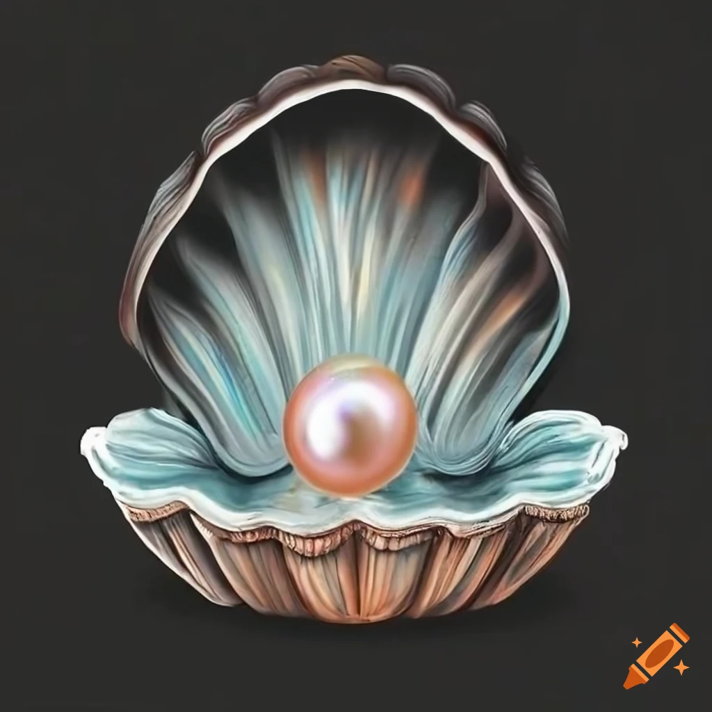 Opened clamshell with a beautiful pearl in black and white on Craiyon