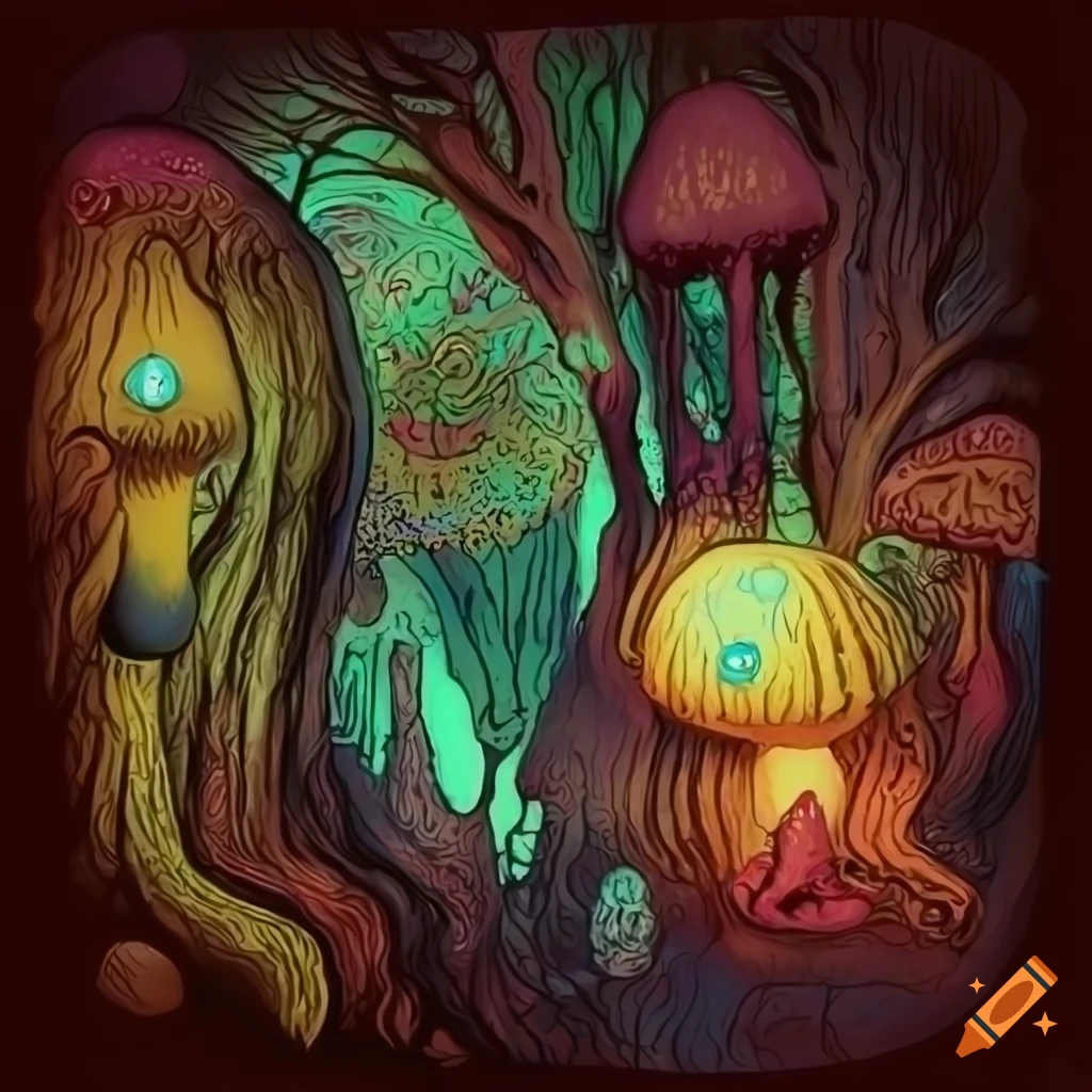 Psychedelic dream world with fantasy creatures in a foggy forest on Craiyon