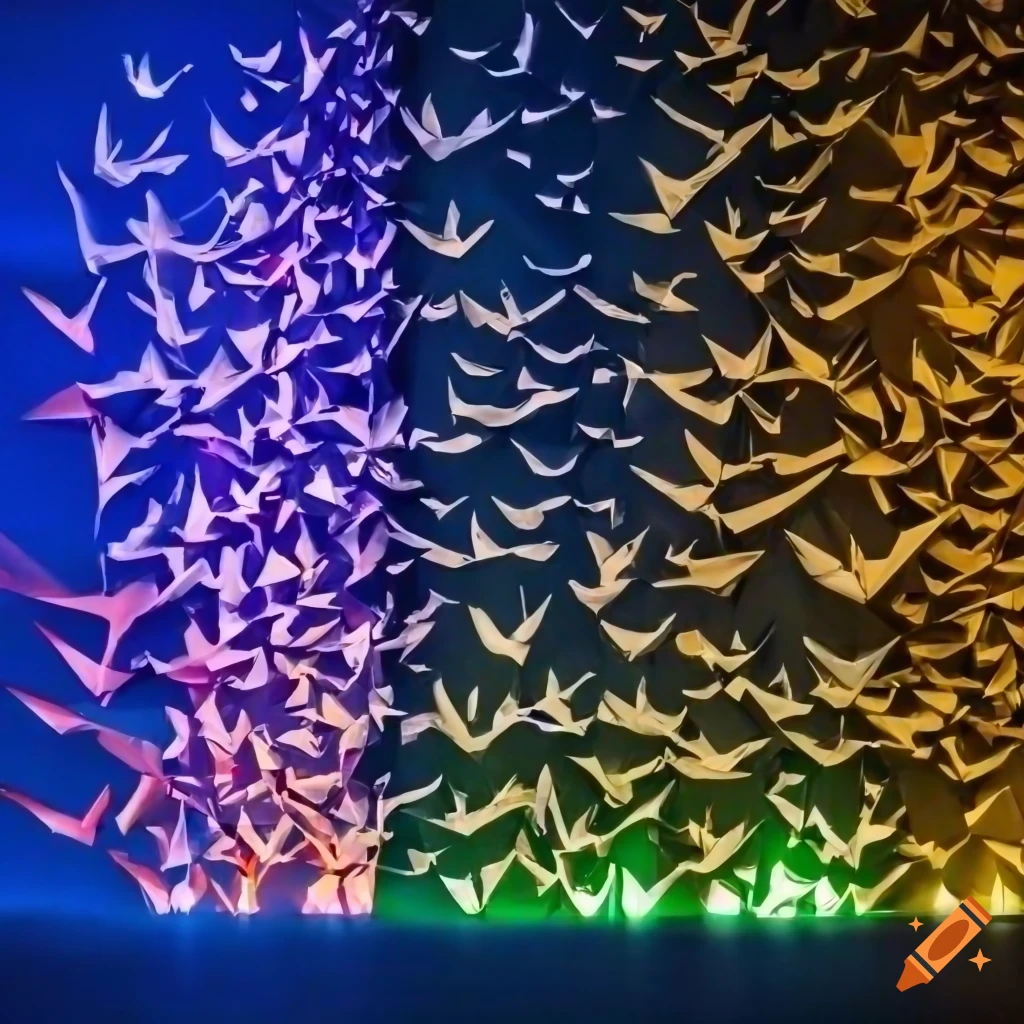 Impressive origami crane display on a panel with a lighted sign word on ...