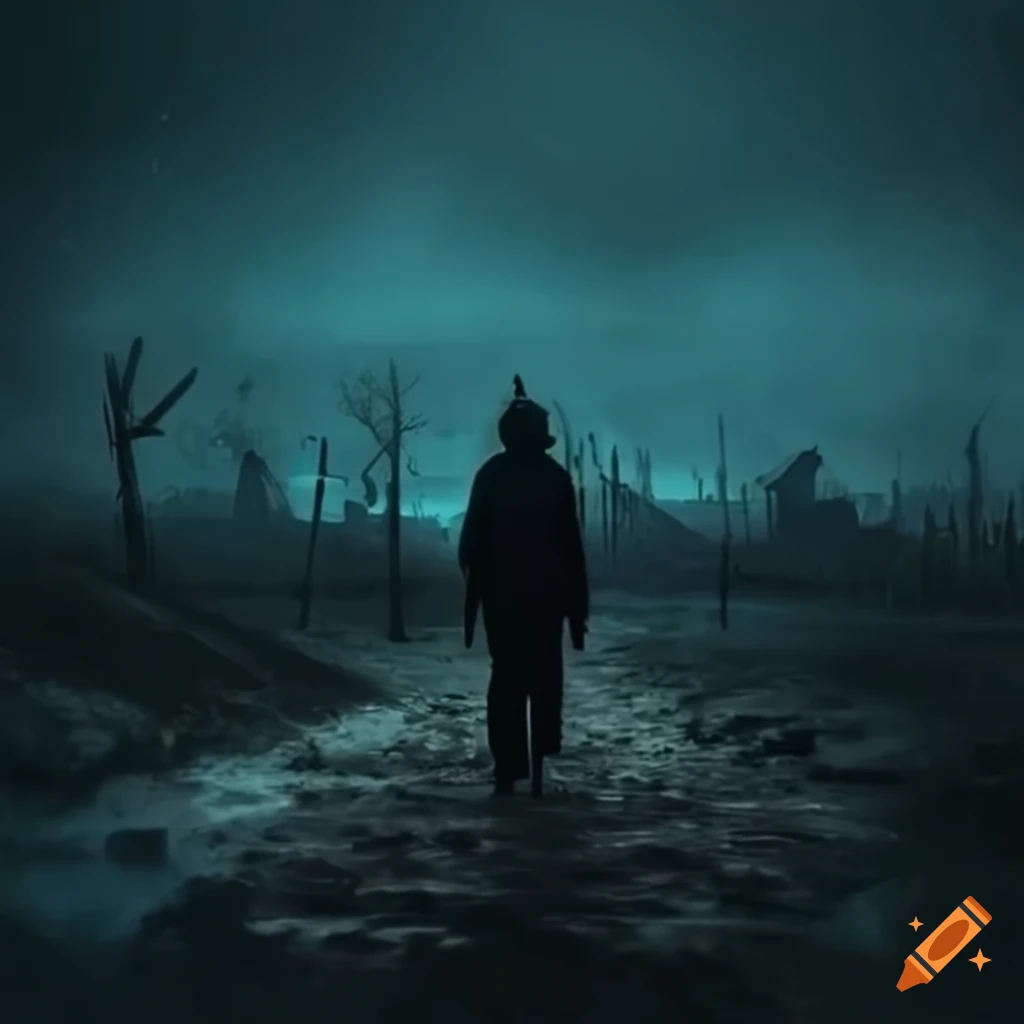 Man walking in a post-apocalyptic landscape at night on Craiyon