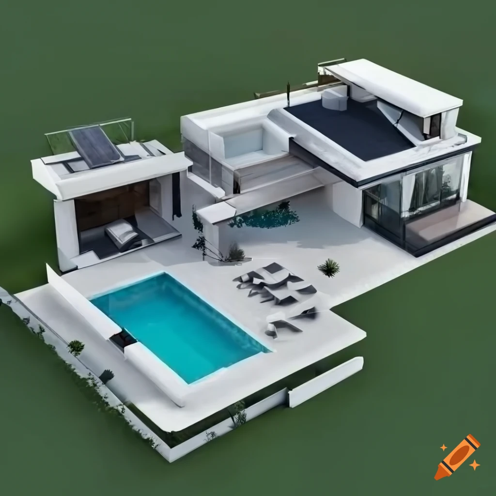 Modern luxury house with terrace, pool, and garden viewed from above on ...