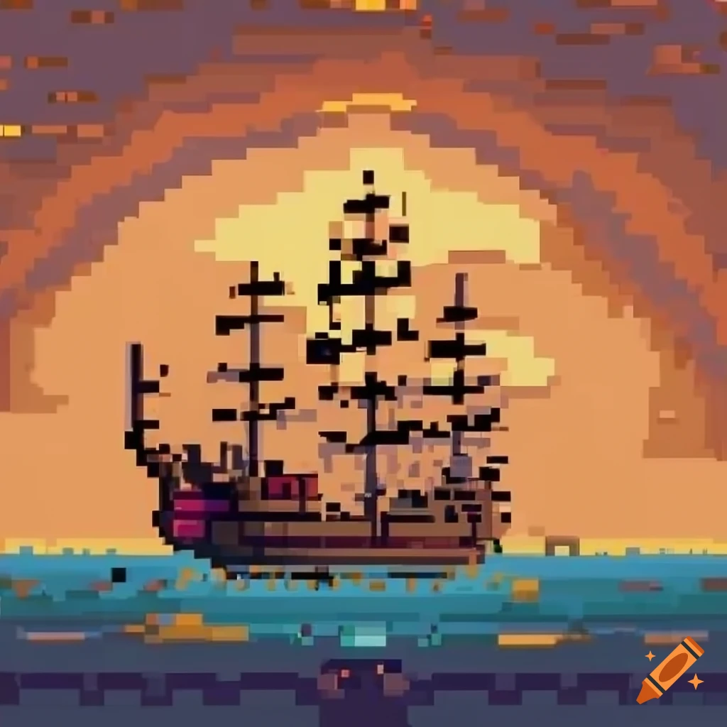 Pirate's ship at sunset pixel art on Craiyon
