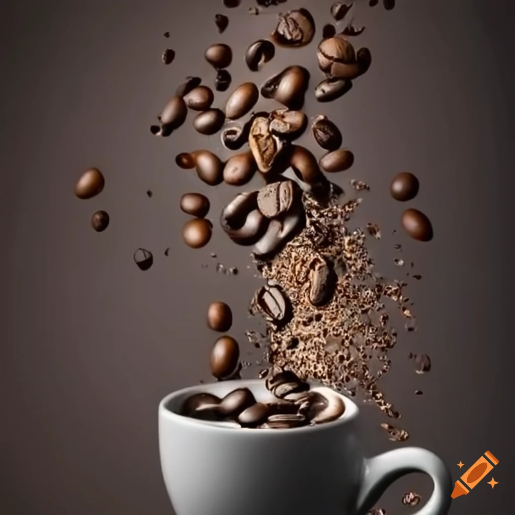 Coffee beans falling into a coffee mug on Craiyon