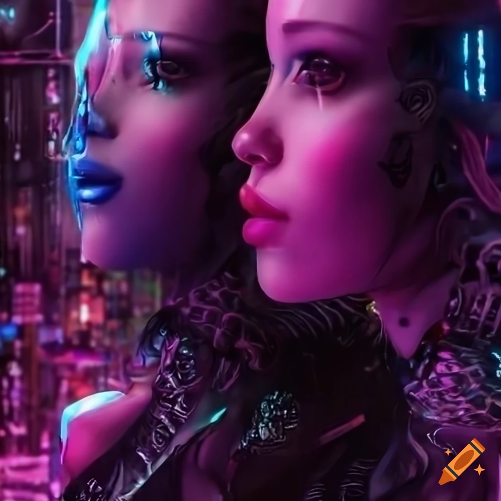 Female cyborg goddess in a dark cyberpunk cityscape on Craiyon