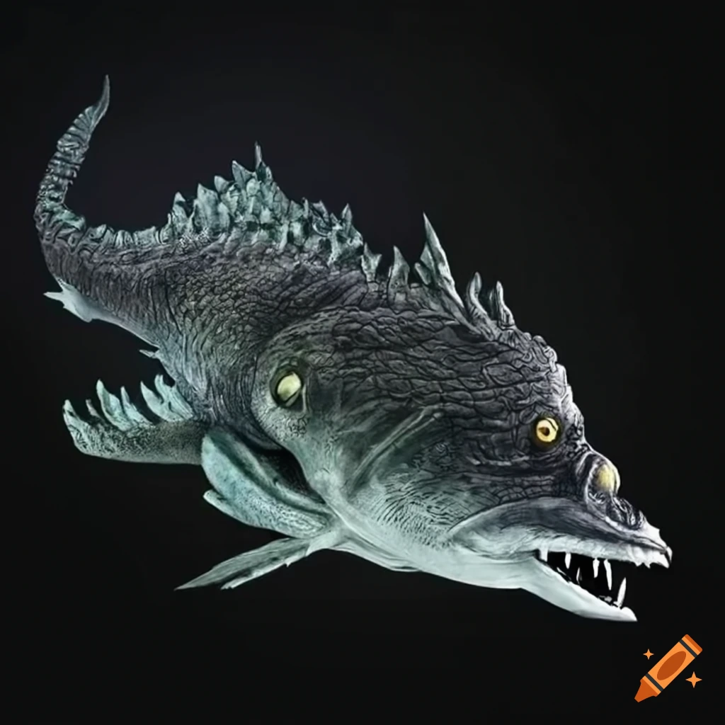 Mythical creature resembling a giant cod-like being with elements of ...