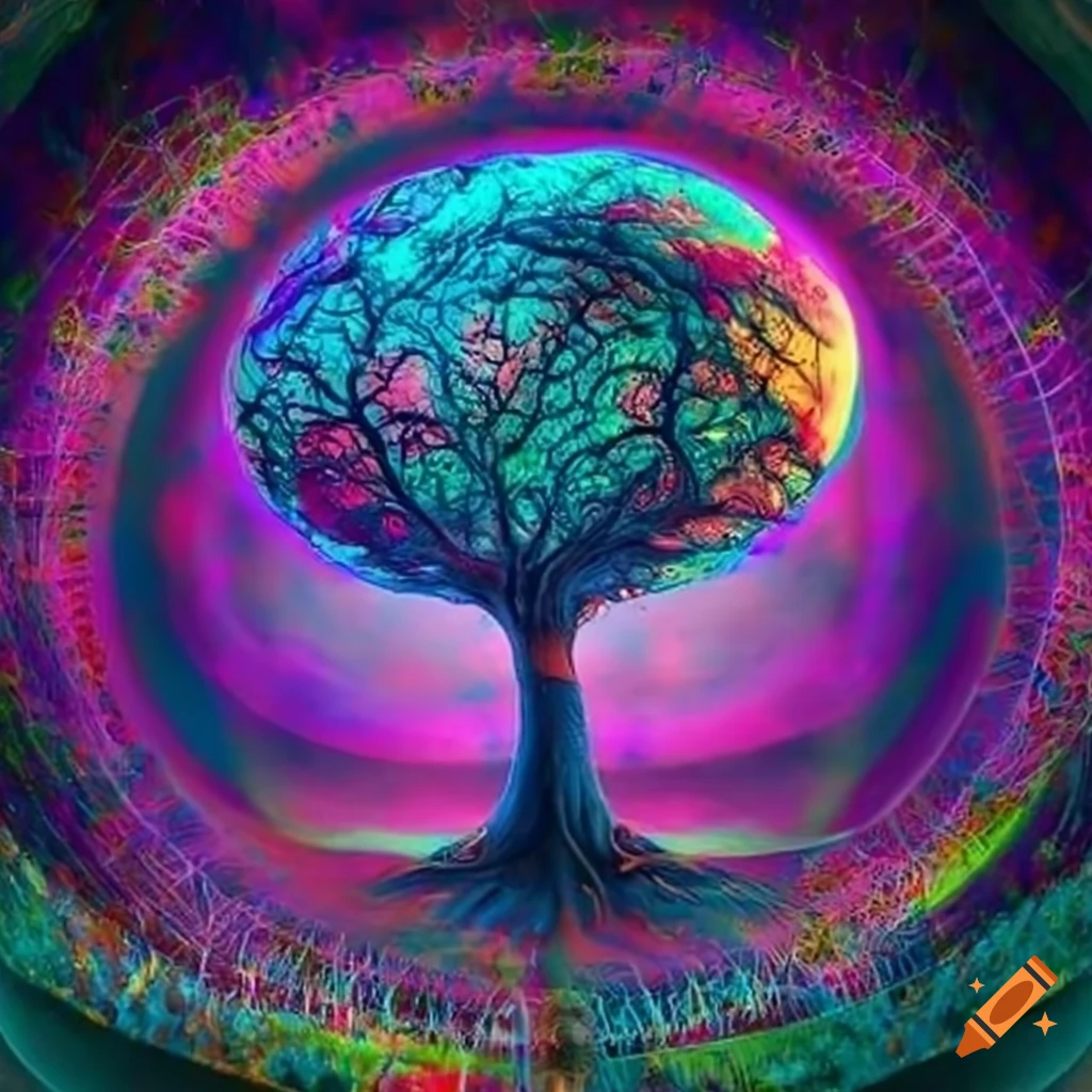 Vibrant Sci-Fi tree of life with surrounding alien life on Craiyon