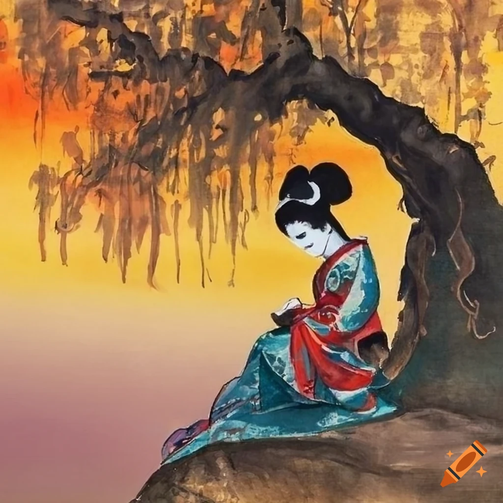 Geisha sitting under a tree watching the sunset in Japanese ink ...