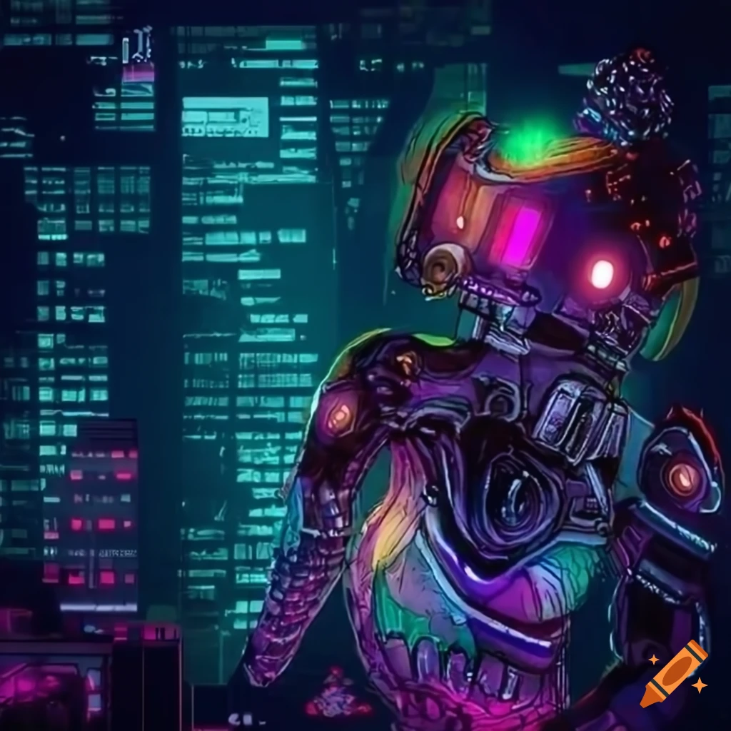 Distant cityscape blending biopunk and cyberpunk elements with cyborg ...