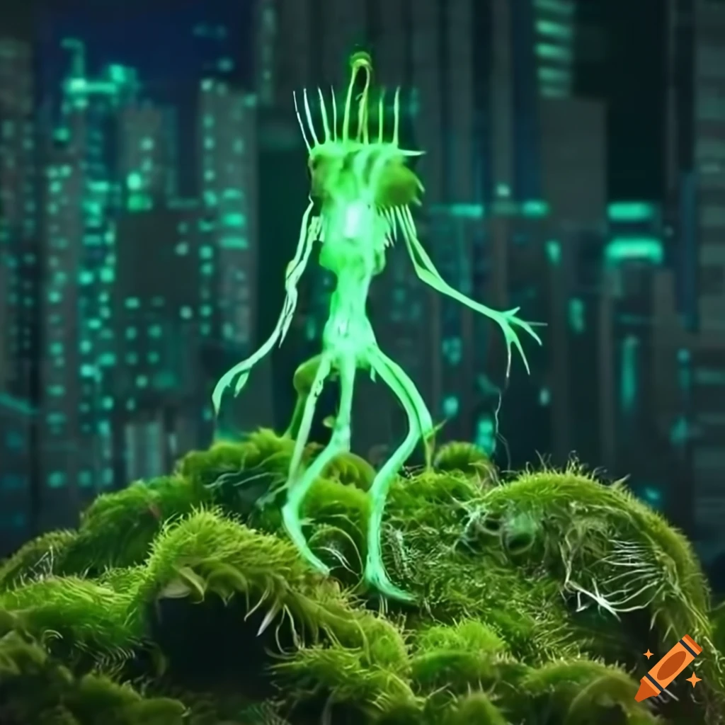 Biopunk Venus flytrap creature in a cityscape covered in moss and ...