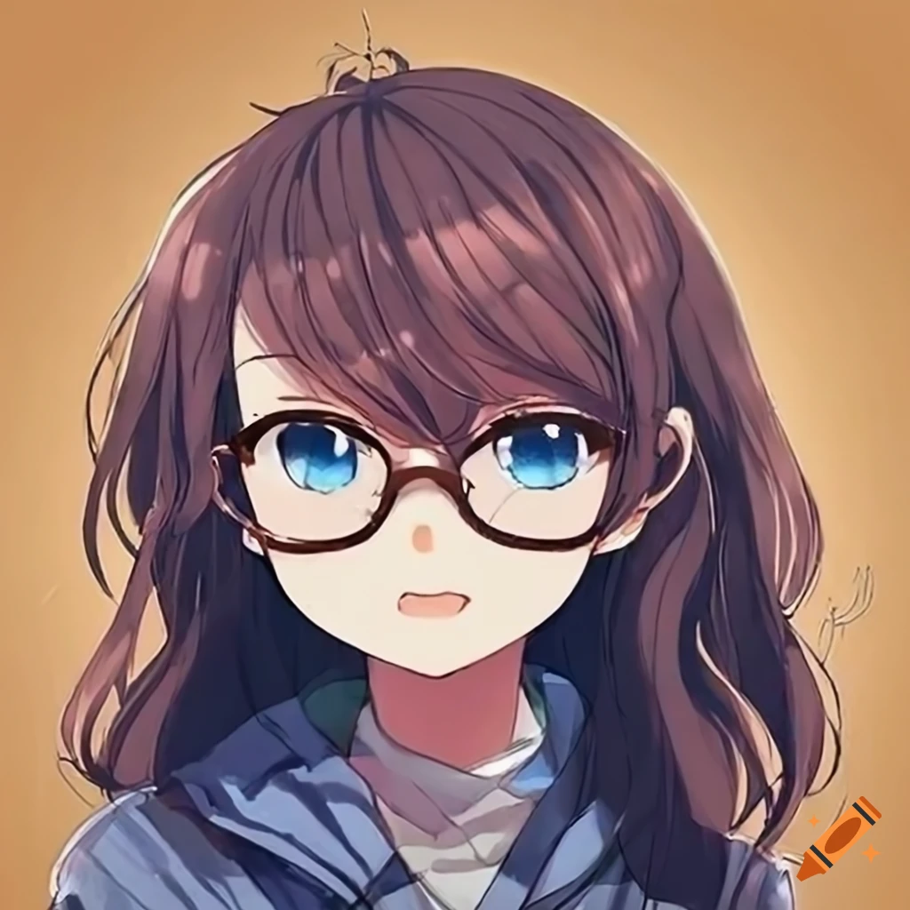 Anime character with brown wavy hair, round eyeglasses, blue big eyes ...