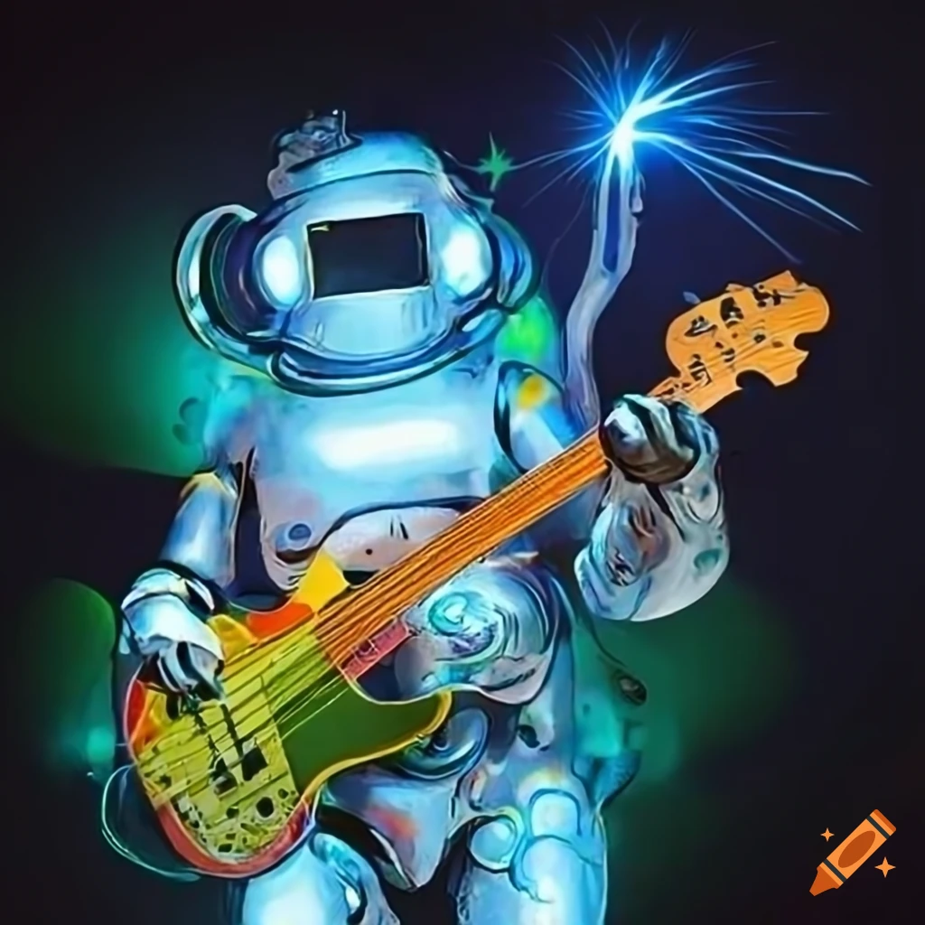 Android robot astronaut playing bass in a surrealistic dreamscape ...