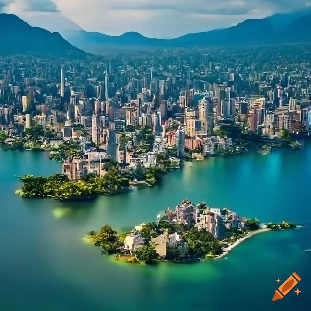Stunning view of a capital city on a tropical island with mountains in ...