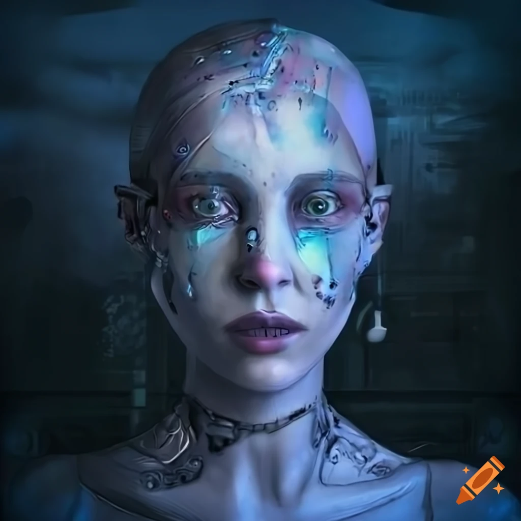 Female cyborg goddess in a dark cyberpunk cityscape on Craiyon