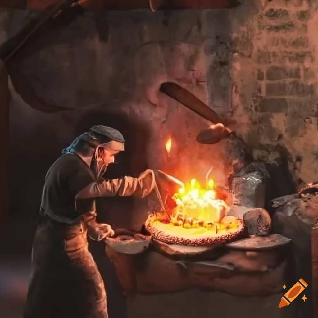 Happy blacksmith forging a birthday cake in a forge on Craiyon