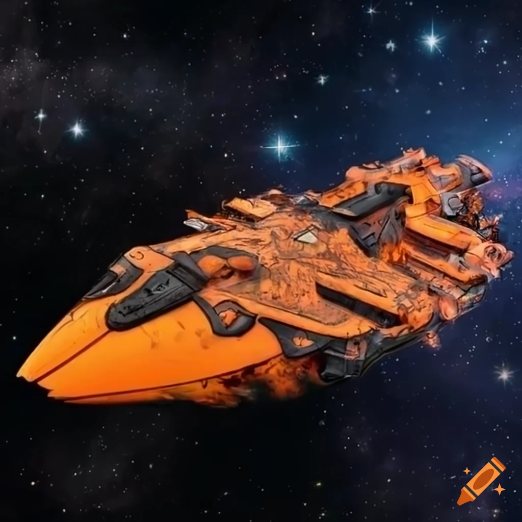 Cosmic galaxy ship in black and orange colors on Craiyon