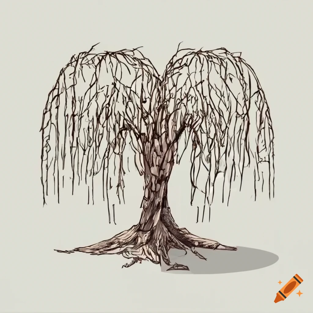 Line drawing of a willow tree made of swords on Craiyon