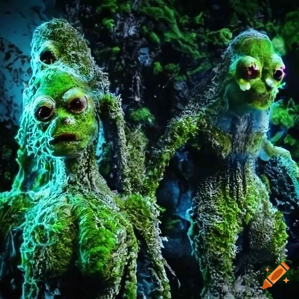 Glowing biopunk cityscape with green moss, plants, mushrooms, and ...