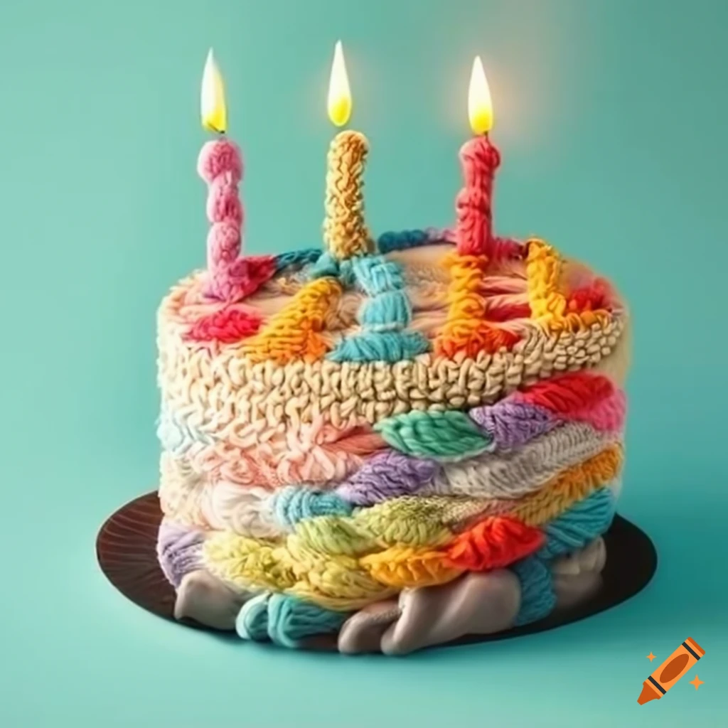 Hand-knitted birthday cake with fish motifs on Craiyon