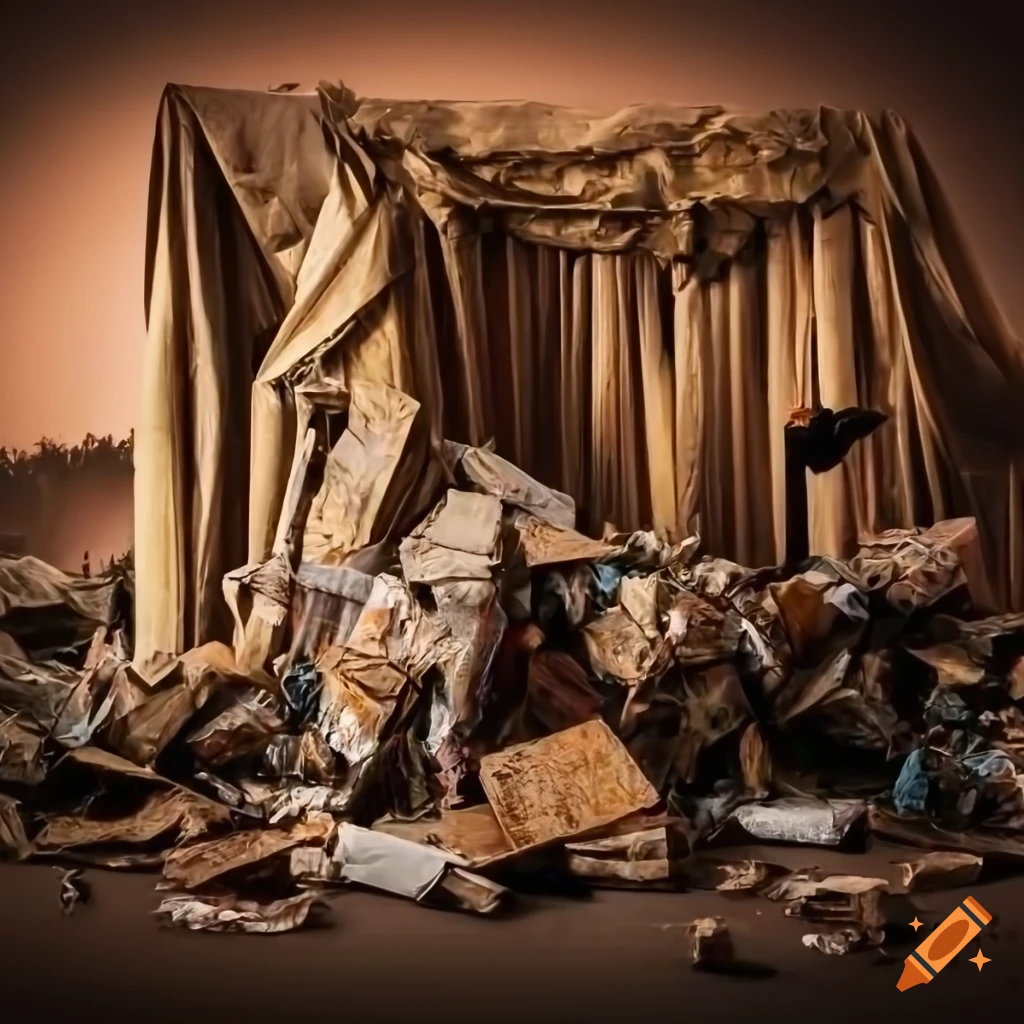 Pile of junk covered with a drapery in a dramatic landscape on Craiyon