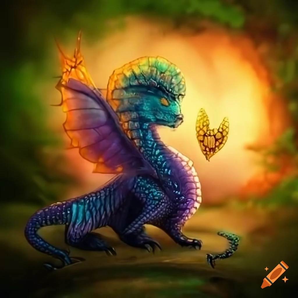 Small graceful dragon with butterfly-like wings and glowing ethereal ...